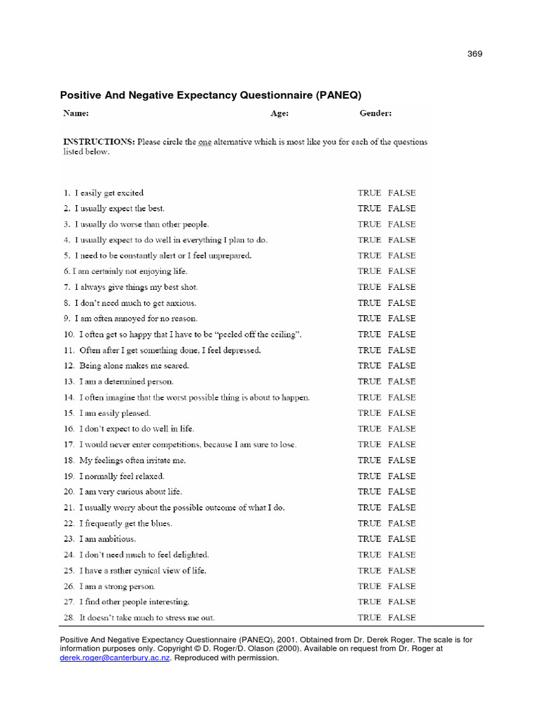 Positive & Negative Expectancy Questionnaire Microsoft Word - Final PMH ...