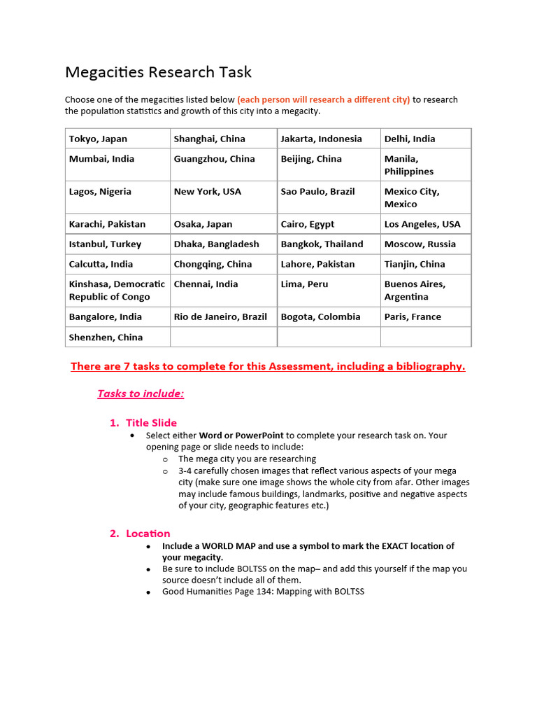 Mega Cities Research Task | PDF