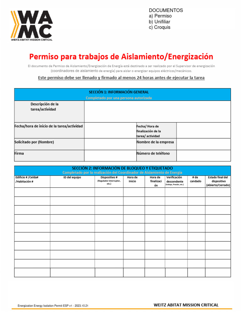 Energy Isolation - Energization Work Permit - ES v1 2023.10.21 ...
