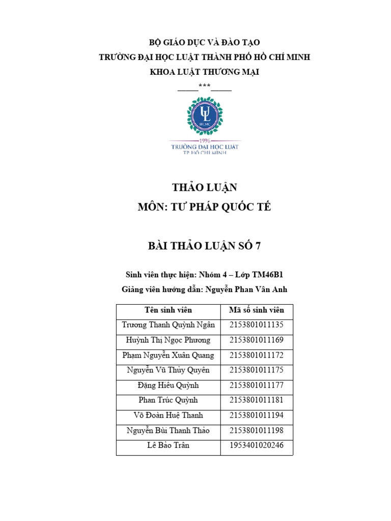Bài thảo luận số 7 Tư pháp QT | PDF