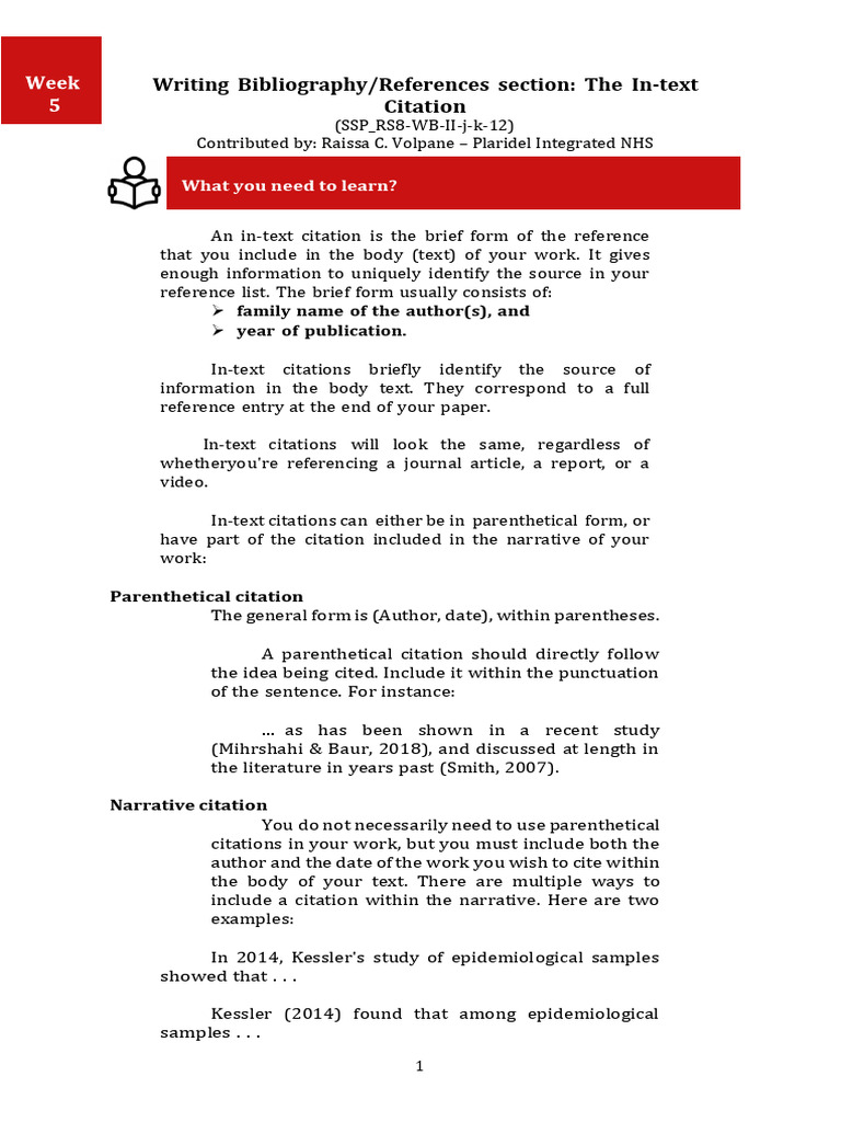 Research II Quarter 2 Week 5 Lesson Material in Text Citation | PDF ...