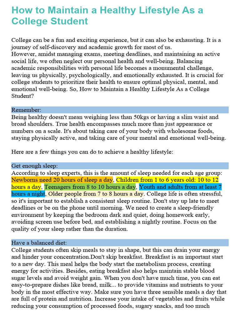 Healthy Living Tips for College Students | PDF | Healthy Diet | Diet ...