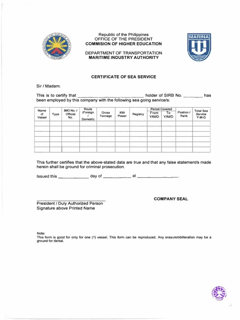 Certificate of Sea Service Template | PDF