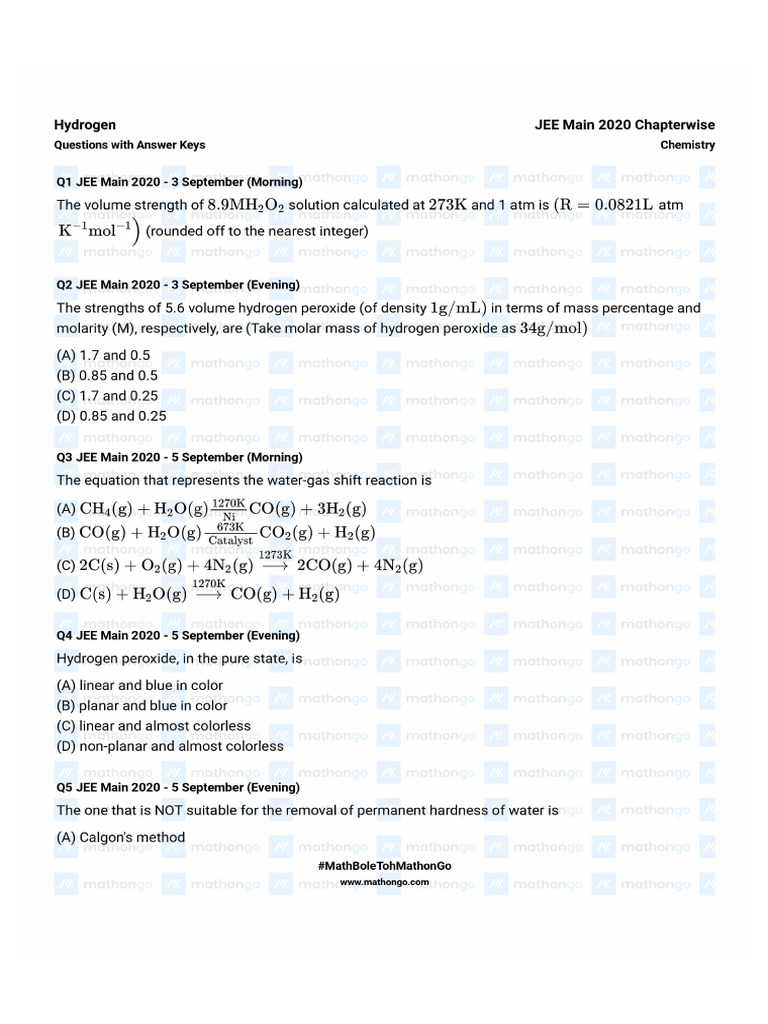 hydrogen_questions_jee_main_2020_chapterwise_question_bank_ | PDF