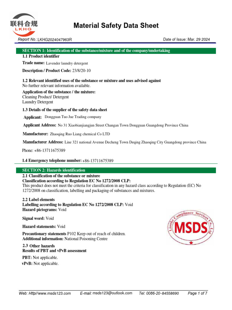 ECOS Liquid Laundry Lavender 9755 International Safety Data Sheet 1 | PDF | Dangerous Goods ...