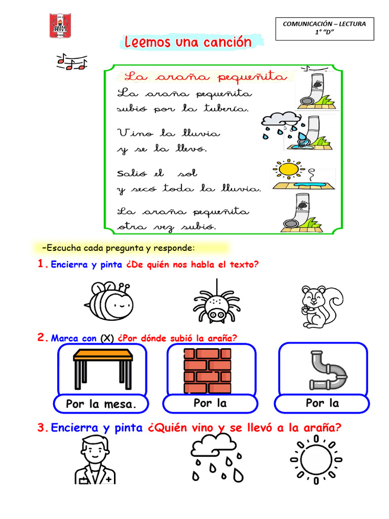 Actividades de Lectura: La Araña Pequeñita | PDF