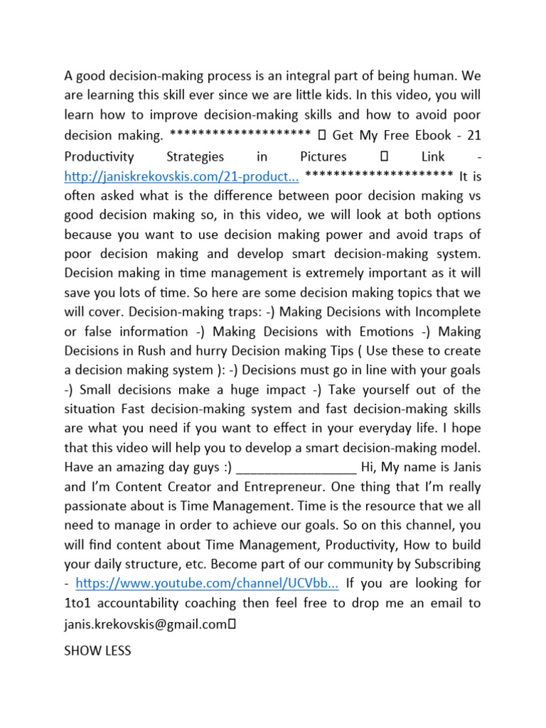 Improve Your Decision-Making Skills | PDF | Career & Growth | Self ...
