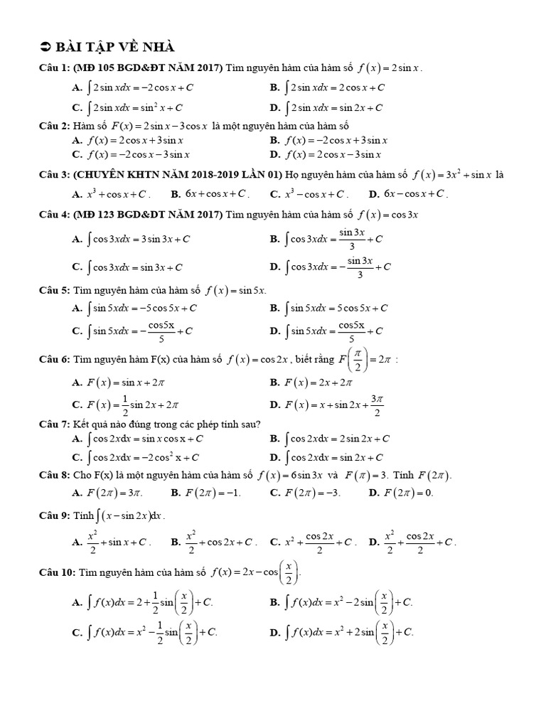 BTVN - Nguyên Hàm LG Cơ Bản | PDF