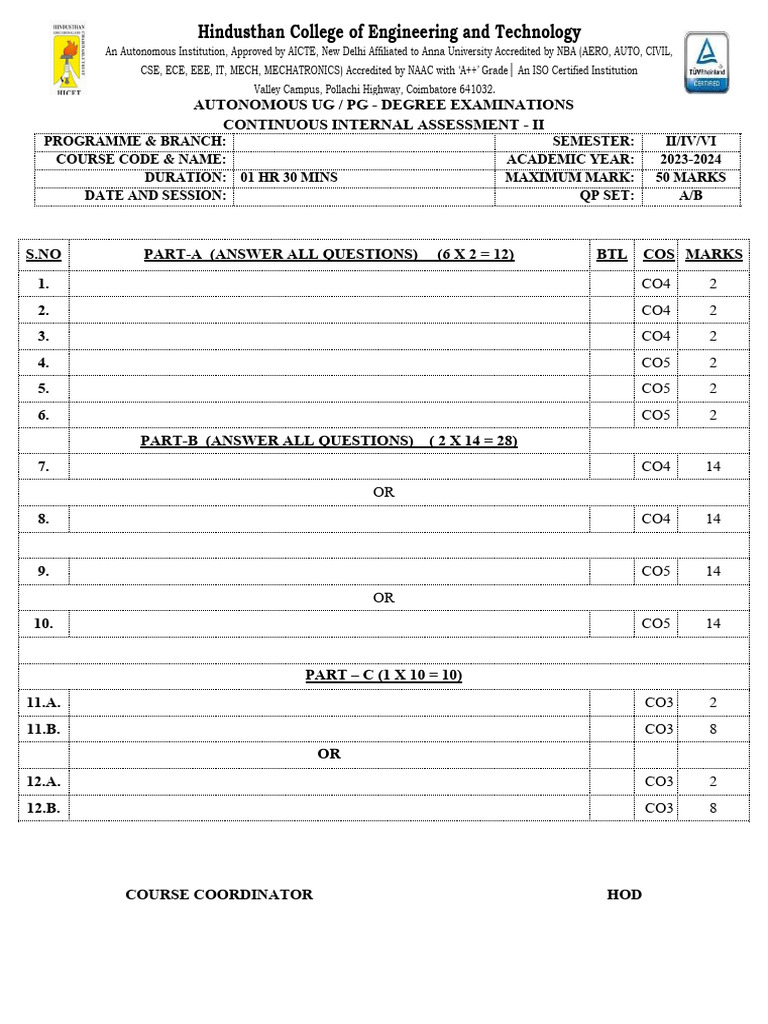 CIA - II Template For I Year, II Year & III Year | PDF | Engineering | Higher Education