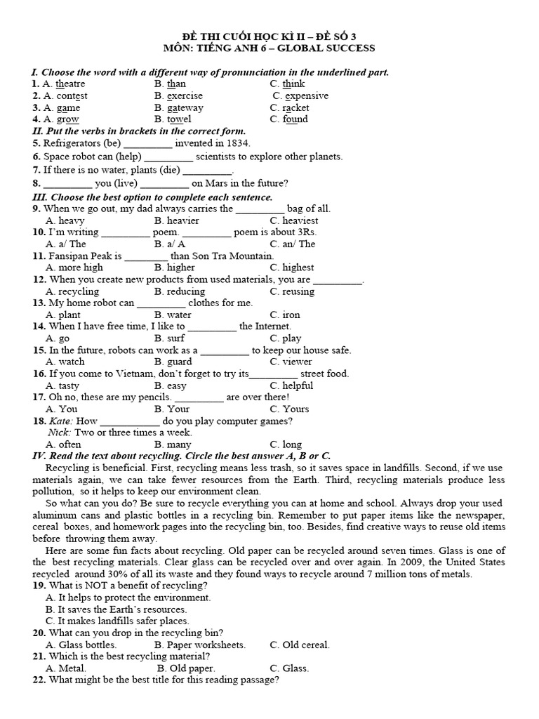 Lớp 6 GS - Cuối HK2 | PDF | Recycling | Waste
