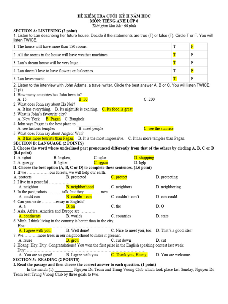 Lớp 6 GS - Cuối HK2 (4) - Đáp án | PDF | Television
