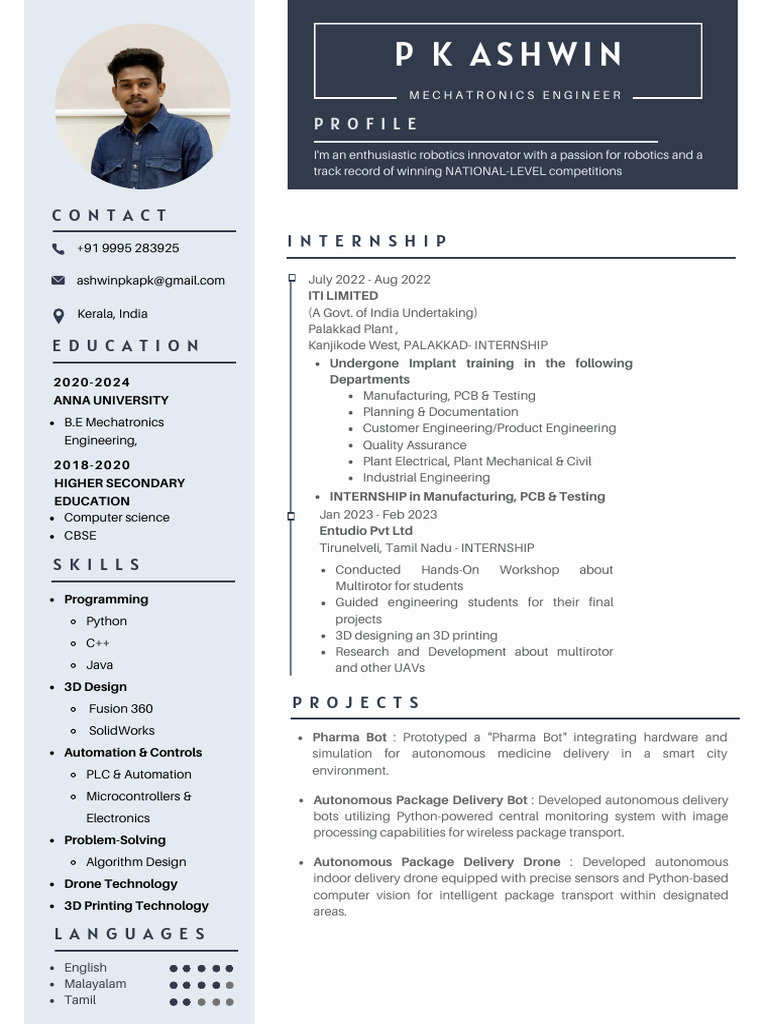 PK ASHWIN Resume | Download Free PDF | Unmanned Aerial Vehicle | Mechatronics