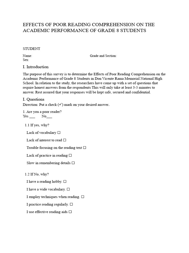 Effects of Poor Reading Comprehension On The Academic Performance of ...