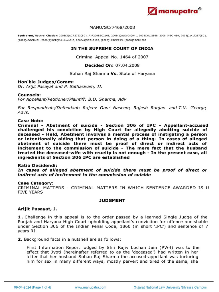 Sohan Raj Sharma Vs State of Haryana 07042008 SCs080552COM26889 | PDF ...