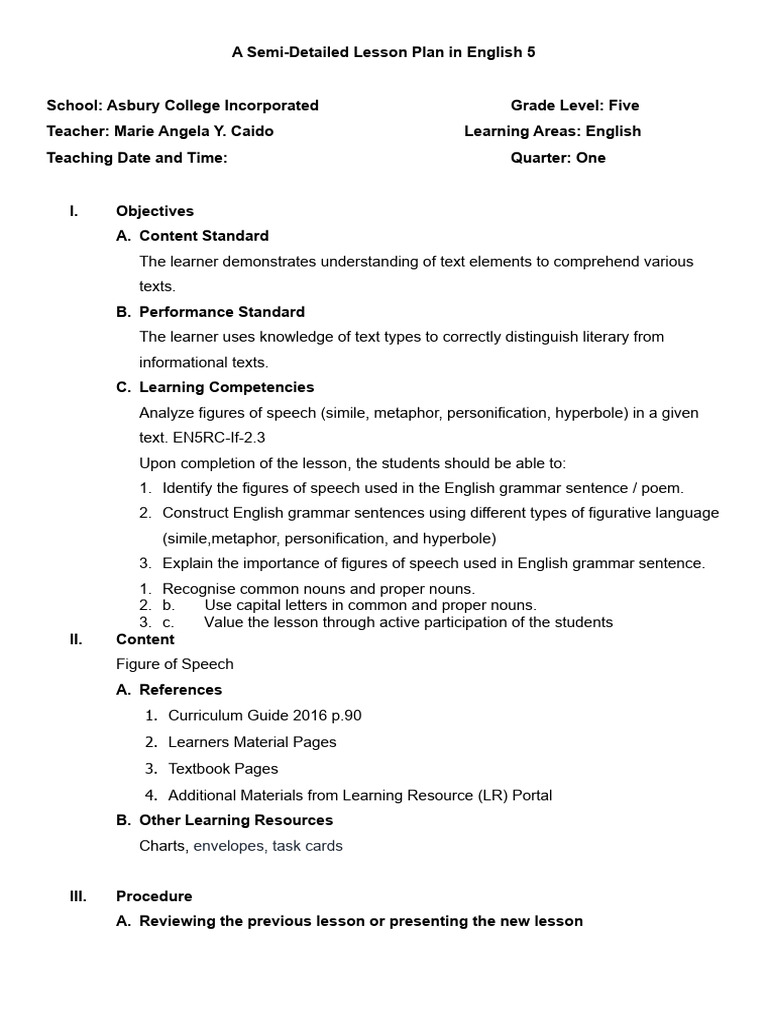 A Semi Detailed Lesson Plan in English 5 | PDF | Lesson Plan | English ...