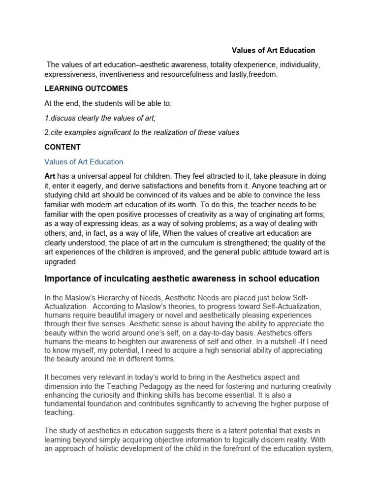 Values of Art Education | PDF | Aesthetics | Creativity