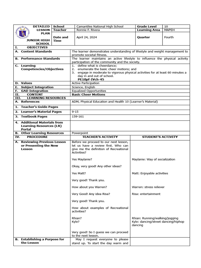 LESSON-PLAN_Cheerdance | PDF | Cheerleading | Physical Fitness