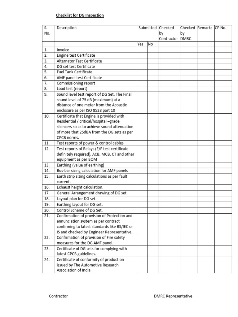 Checklist For DG Inspection | PDF