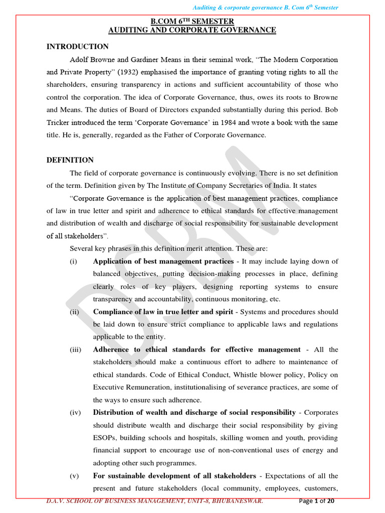 Unit - 3 Auditing and Corporate Governance. | PDF | Corporate Governance | Governance