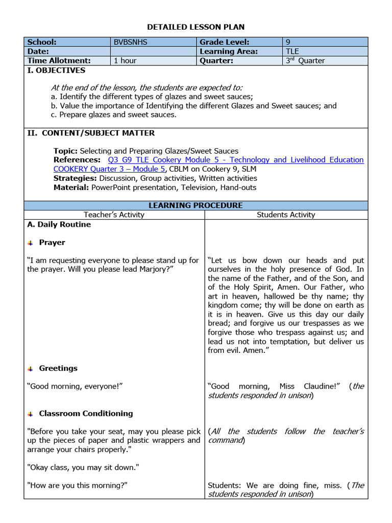 Detailed Lesson Plan | PDF | Lord's Prayer | Sauce