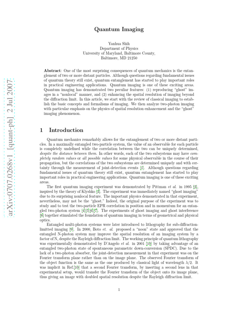 Shih 2007, Quantum Imaging | PDF | Quantum Mechanics | Angular Resolution