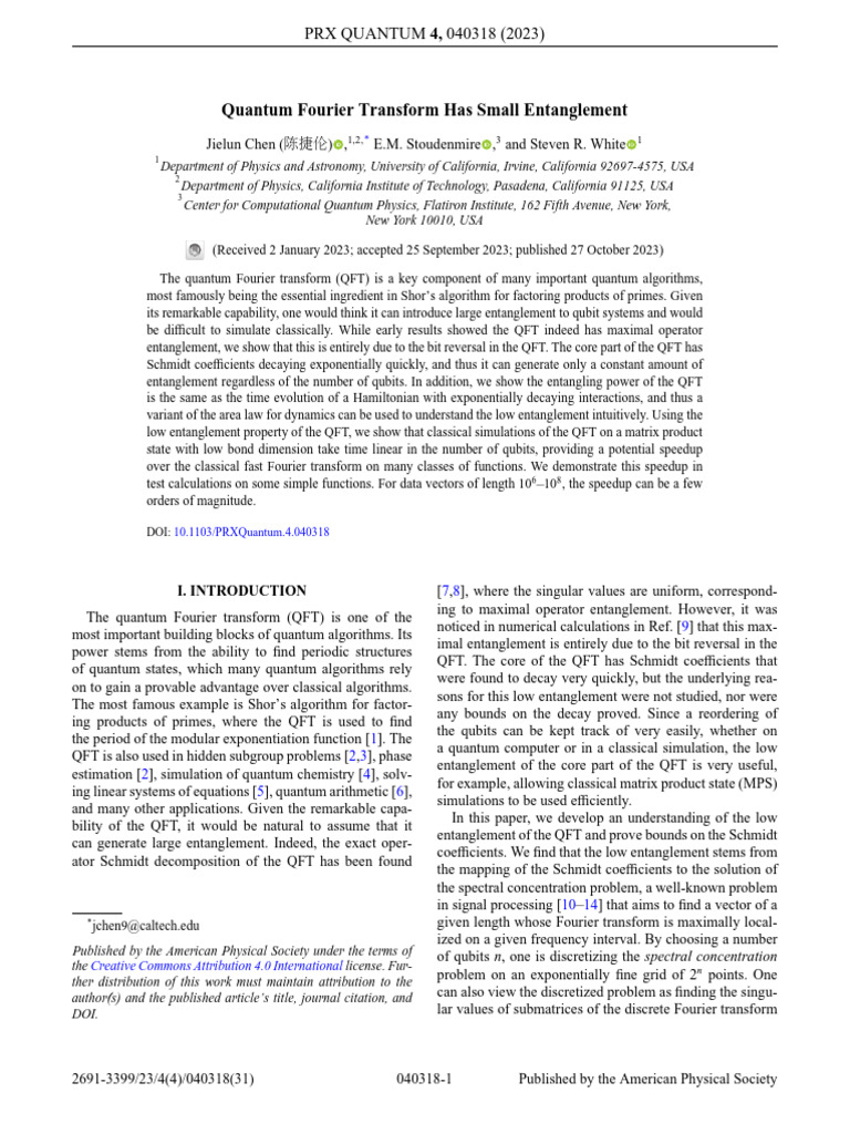 Jielun Chen 2023, Quantum Fourier Transform Has Small Entanglement ... Jielun Chen 2023, Quantum Fourier Transform Has Small Entanglement ...