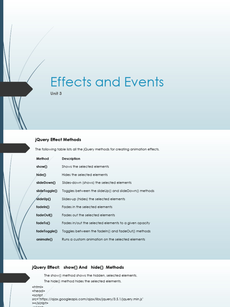 Unit3 - Effects and Events | PDF | J Query | Cursor (User Interface)