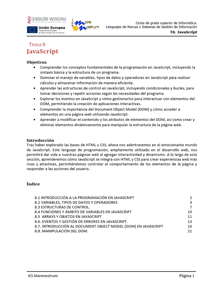 1.- T8.- Javascript. | PDF | Modelo de objeto de documento | Script Java