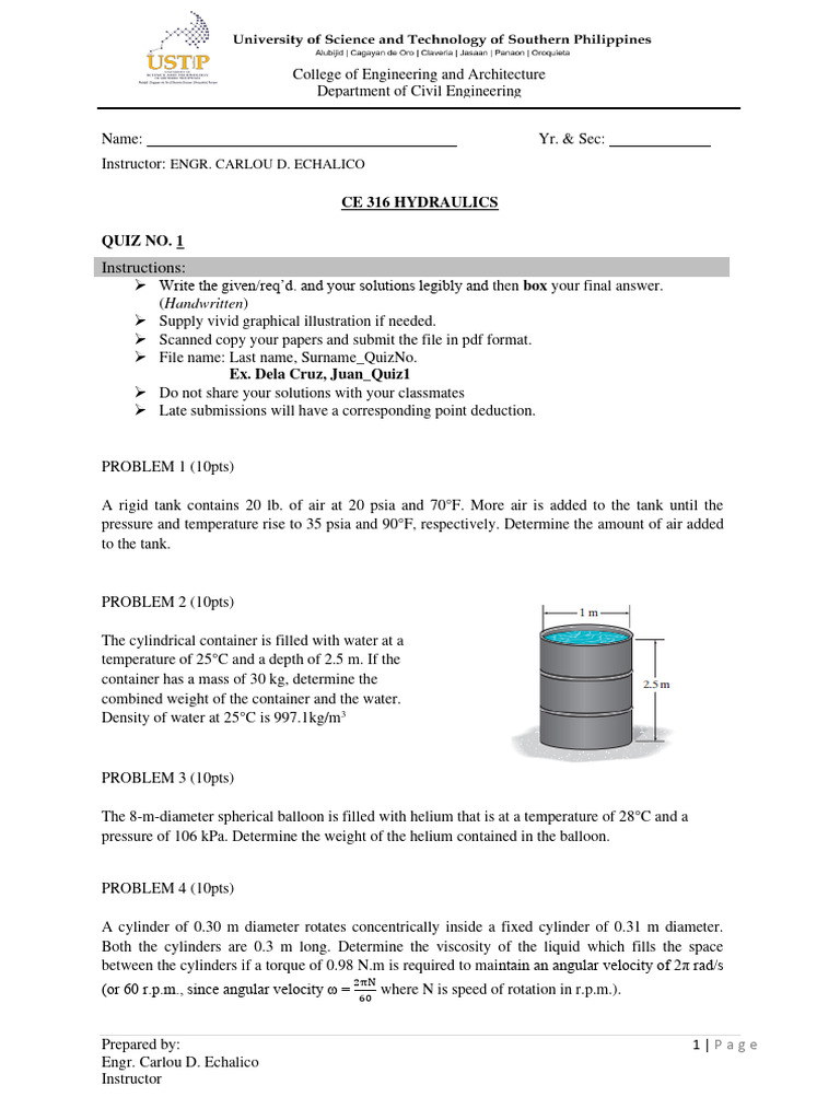 Quiz 1 Hydraulics | PDF | Pressure | Surface Tension