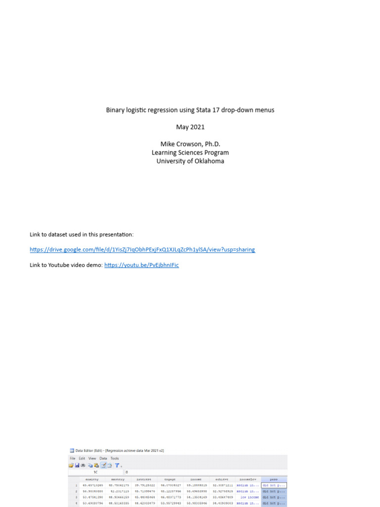 Binary Logistic Regression Using Stata 17 Drop-Down Menus | PDF | Regression Analysis | Linear ...