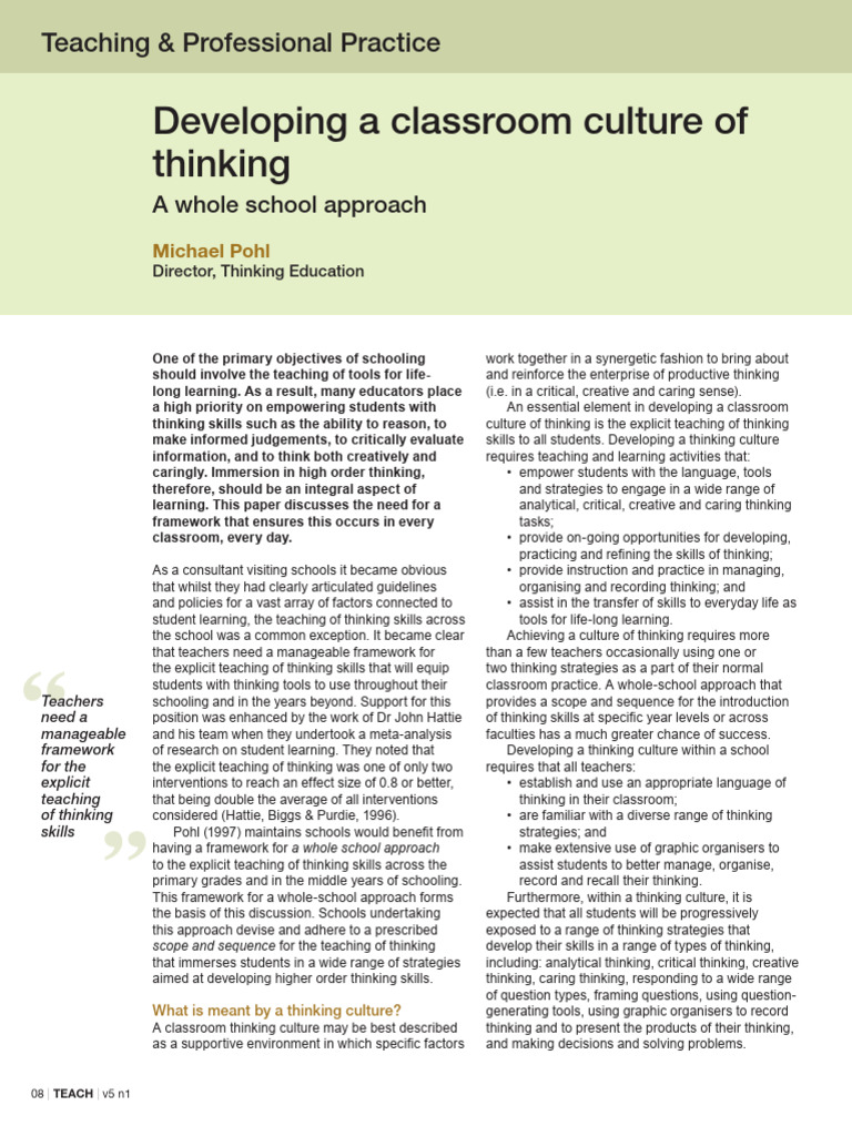 Developing A Classroom Culture of Thinking | PDF | Thought | Teachers