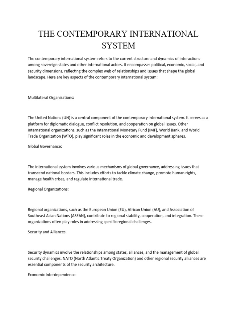 THE CONTEMPORARY INTERNATIONAL SYSTEM | PDF | Global Governance ...