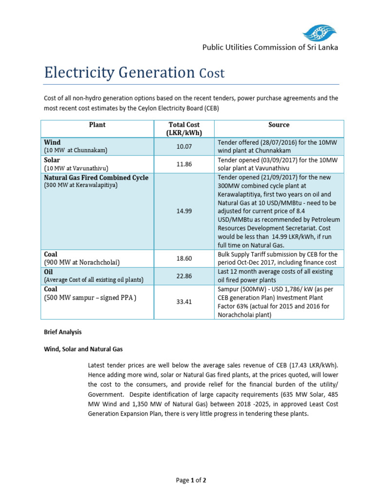 Brief Anlysis Cost of Generation 2017 | PDF | Solar Power | Electricity ...