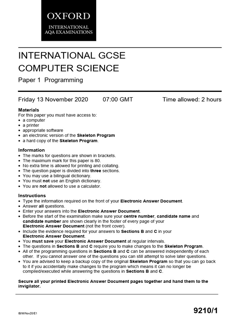 Gcse Computer Science Question Paper1 Nov20 | PDF | Data Type | Parameter (Computer Programming)