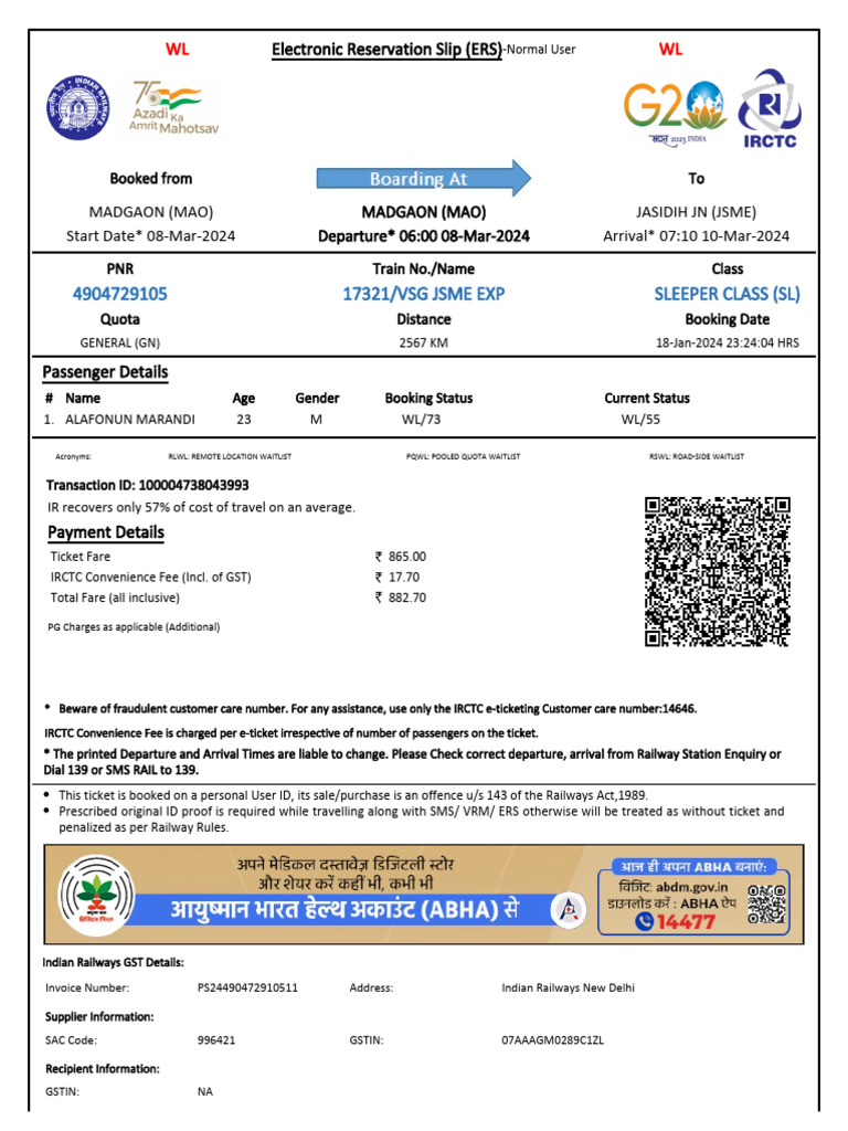 17321/VSG JSME EXP Sleeper Class (SL) : WL WL | PDF | Identity Document