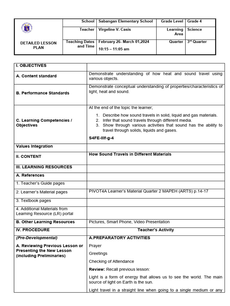Science 4 1st Lesson Pdf Sound Waves