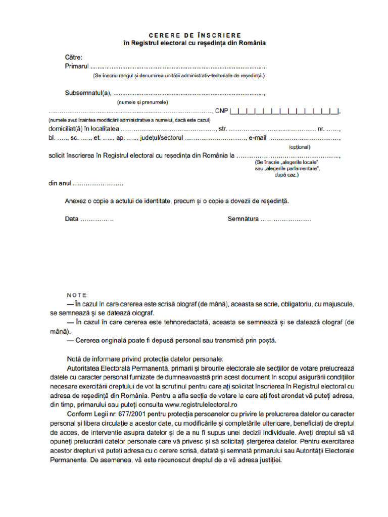 Cerere Inscriere RE Resedinta Romania | PDF