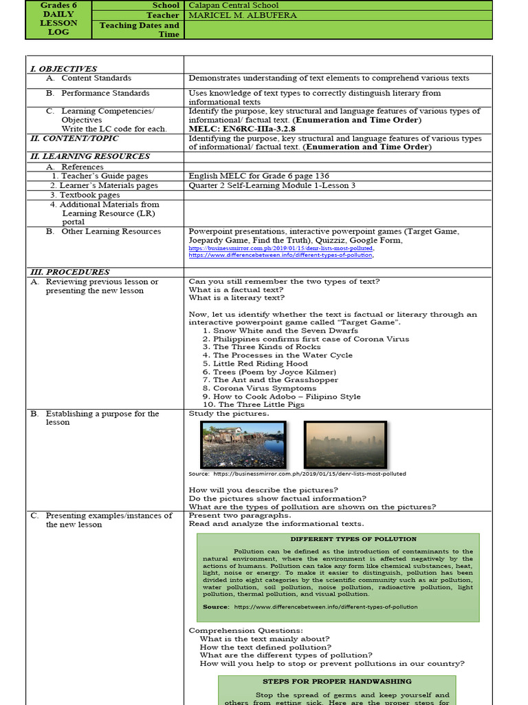 Q2 - CO - English DLL - Structure of Informational Text | PDF | Water ...