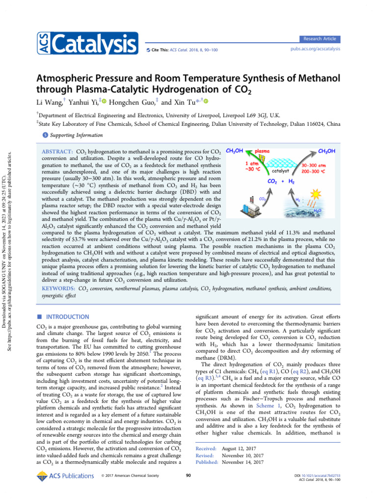 Plasma-Catalytic CO2 to Methanol | PDF | Catalysis | Methanol