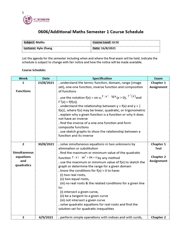 0606 Teaching Plan | PDF | Function (Mathematics) | Quadratic Equation