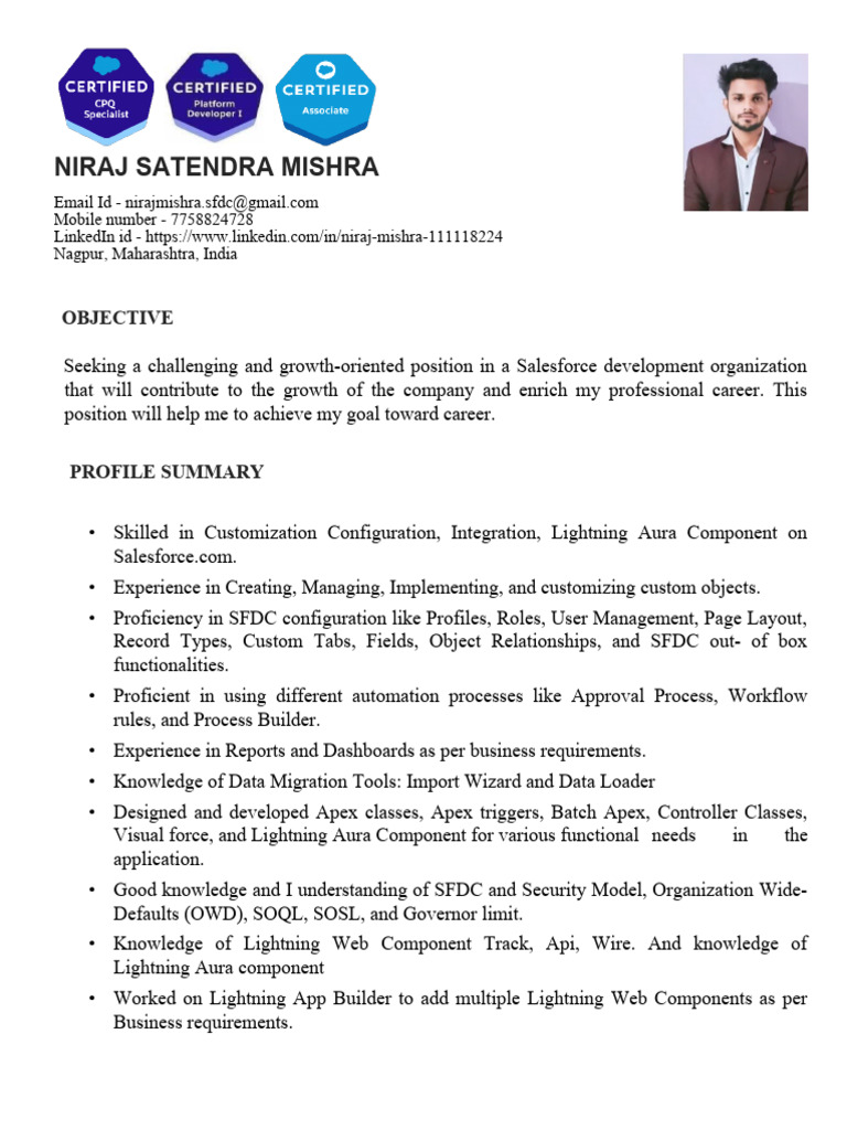 Niraj Mishra - SFDC Salesforce Devloper Resume | PDF | Information Technology Management | Computing
