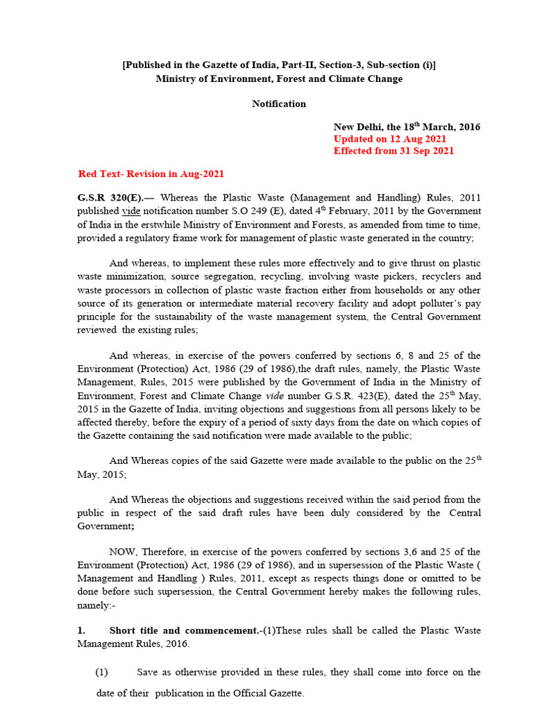 Plastic Waste Management Rules, 2016 English | PDF | Biodegradation ...