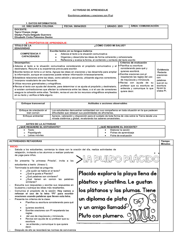 .Escribimos Oraciones Con PL | Descargar gratis PDF | Evaluación ...