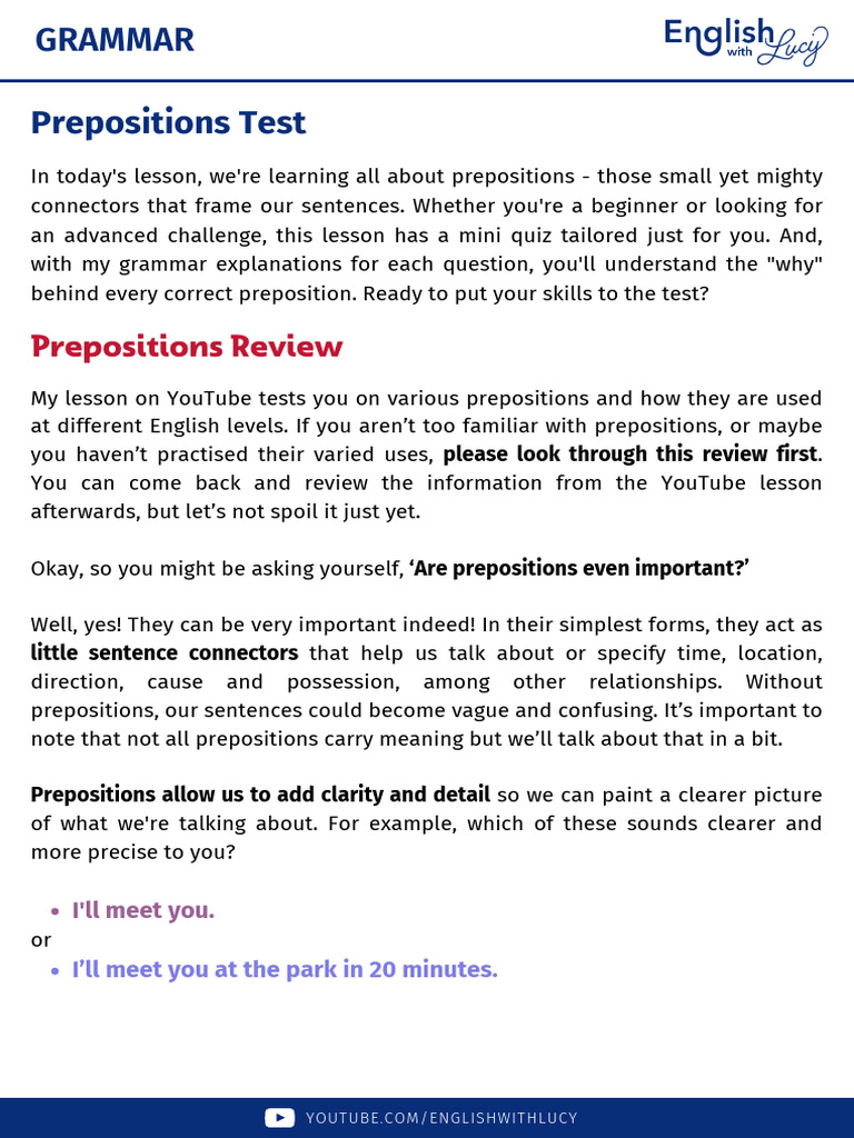 Prepositions Test | PDF | Preposition And Postposition | Adjective