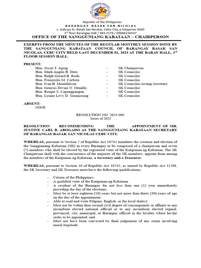 SK Sec Treas Reso 2023 2025 | PDF | Justice | Crime & Violence