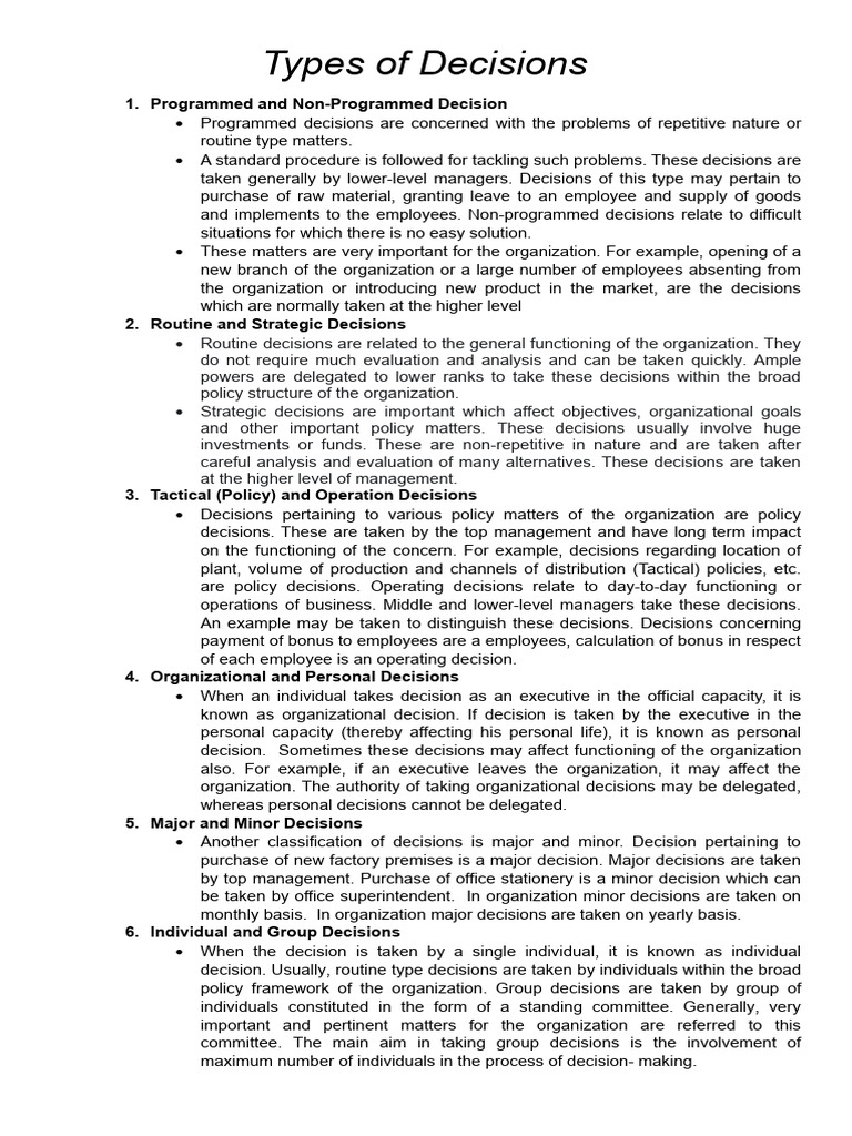 Types of Decisions | PDF | Policy | Business Economics