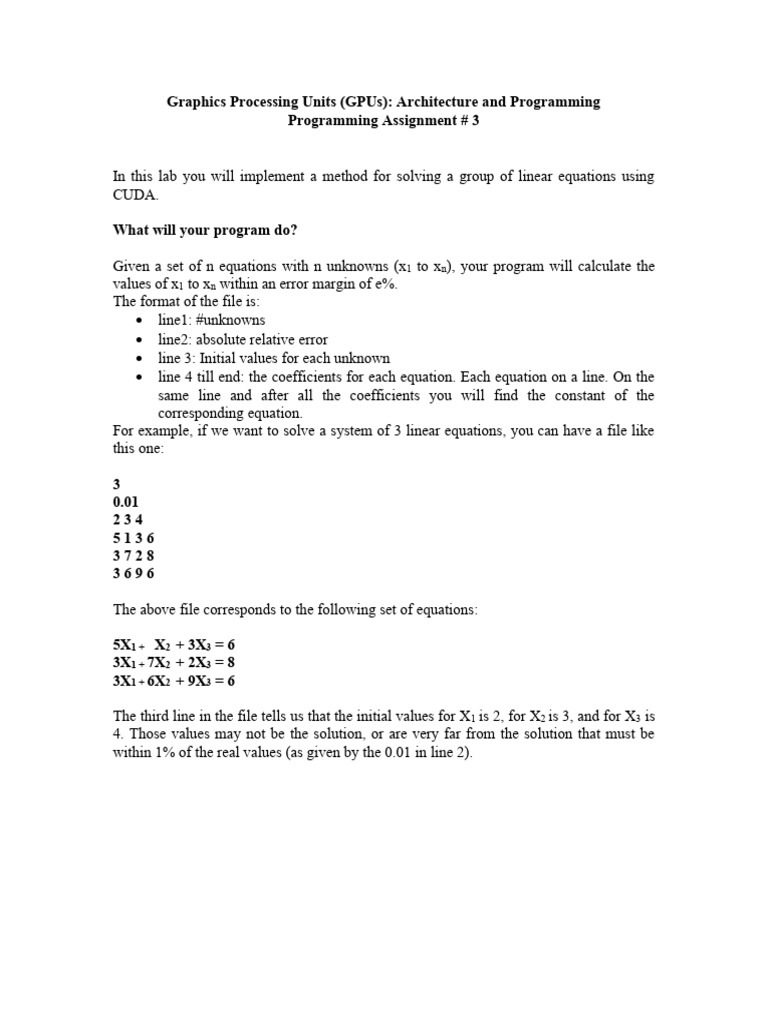 CUDA Linear Equations Solver Assignment | PDF | Equations | System Of ...