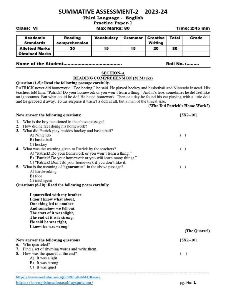 6th Class English SA2 Question Paper 2023 | PDF | Sleep | Linguistics