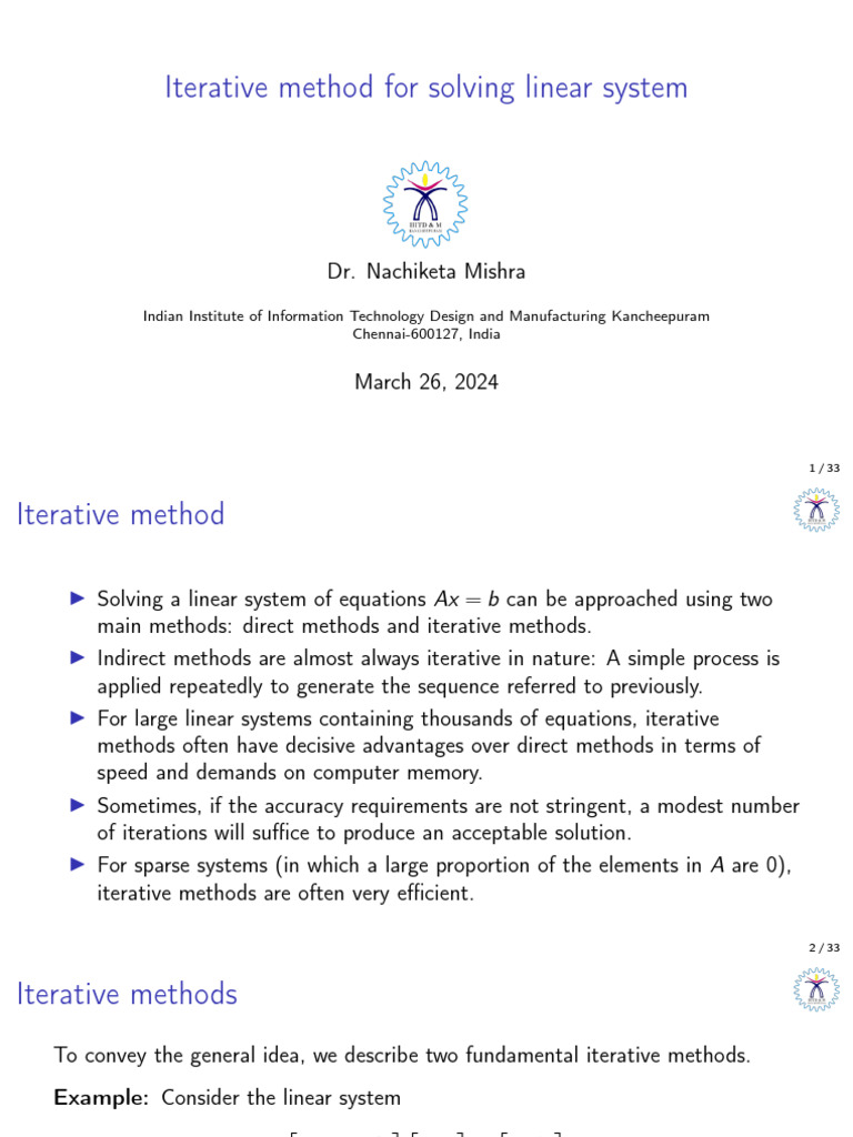 Iterative Method For Solving Linear System Pdf System Of Linear Equations Computational