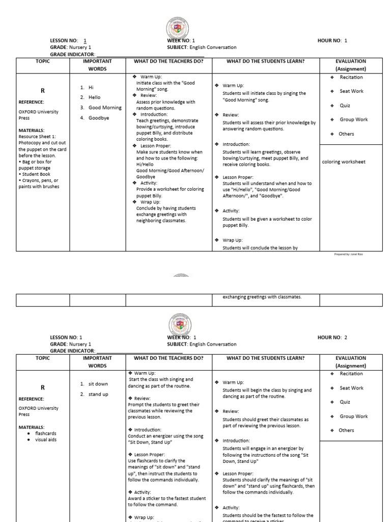 Nursery Lesson Plans For 1st Semester | PDF | Vocabulary | Flashcard